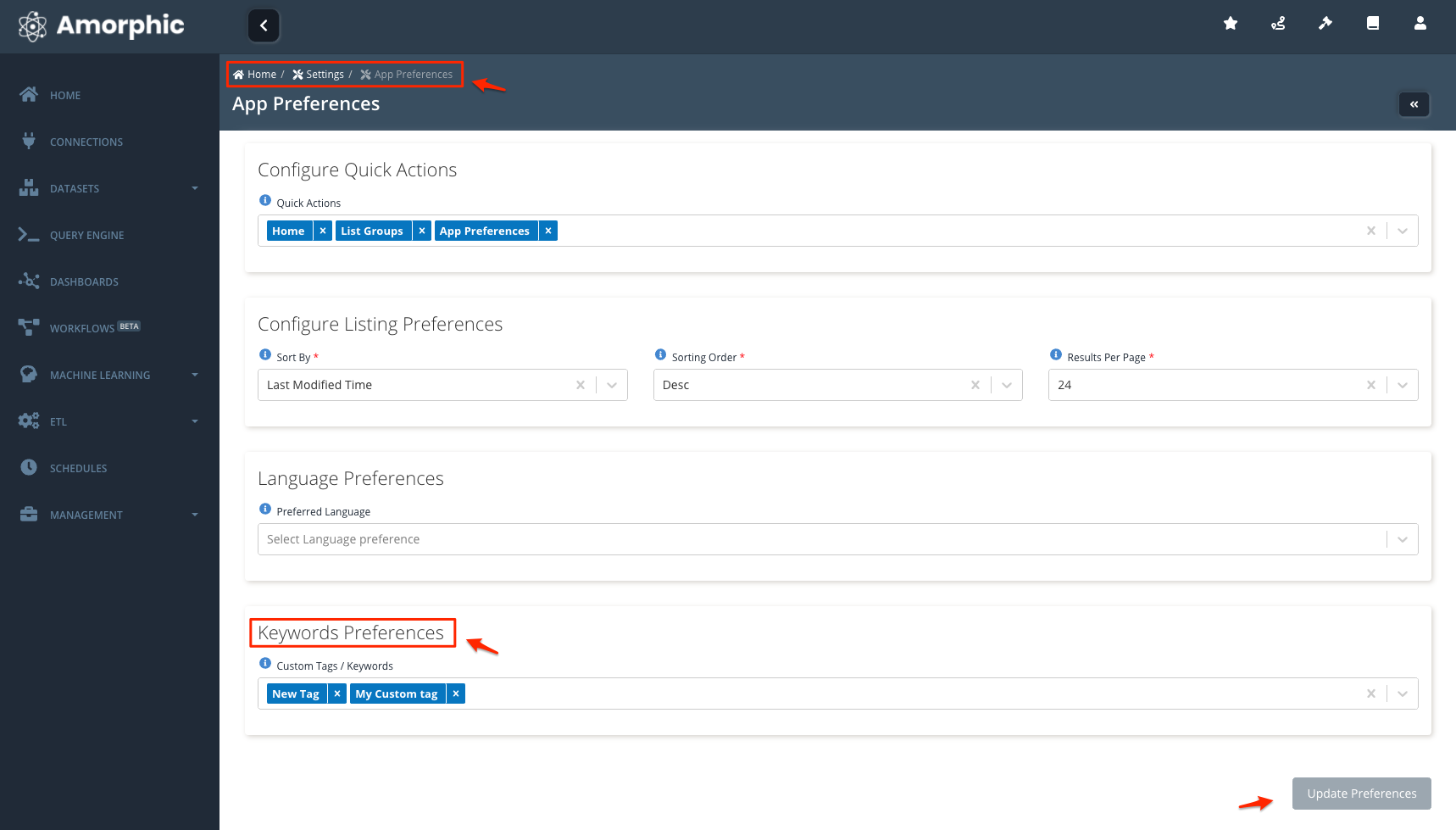 App Preferences | Amorphic Docs